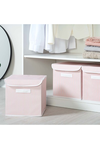 Ocean Home Pembe Çizgi Desenli Kapaklı Kutu// 30X30X30 Ocean Home Pembe Çizgi Desenli Kapaklı Kutu// 30X30X30