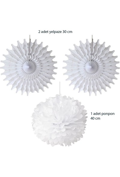Pandoli Beyaz Renk 3 Adet Yelpaze ve Ponpon Çiçek Set Pandoli Beyaz Renk 3 Adet Yelpaze ve Ponpon Çiçek Set