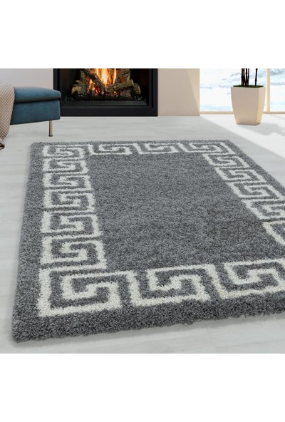 Ayyıldız Desenli Shaggy Halı Yumuşak Ornament Bordür Desen Gri Beyaz