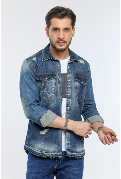 Shoppingdimoda Electra Mavi Yıkama Lazer Efektli Çıtçıtlı Kot Gömlek