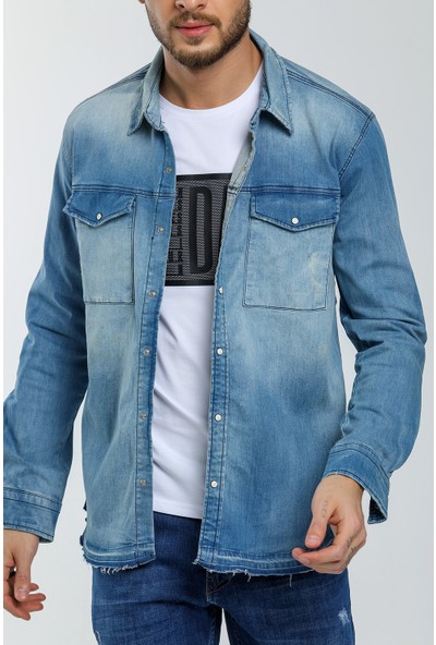 Shoppingdimoda Electra Açık Mavi Çıtçıtlı Kot Gömlek