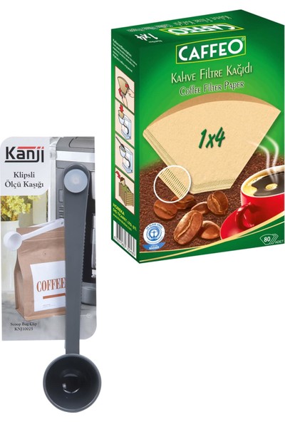 Kanji Klipsli Ölçü Kaşığı + Caffeo Kahve Filtre Kağıdı 1x4 4 Numara 80'li Paket