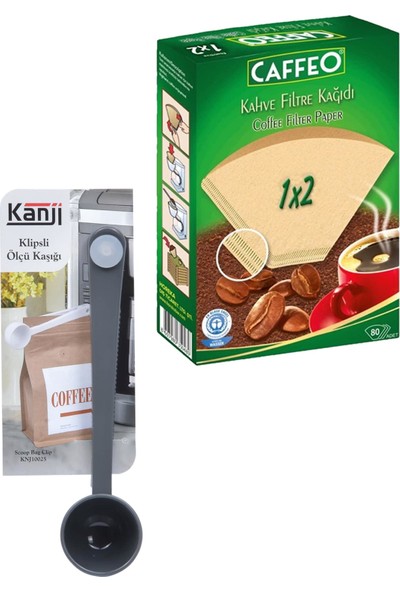 Kanji Klipsli Ölçü Kaşığı + Caffeo Kahve Filtre Kağıdı 1x2 2 Numara 80'li Paket