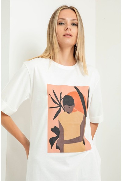 Moostrend Önü Baskılı Oversize Kadın Tişört