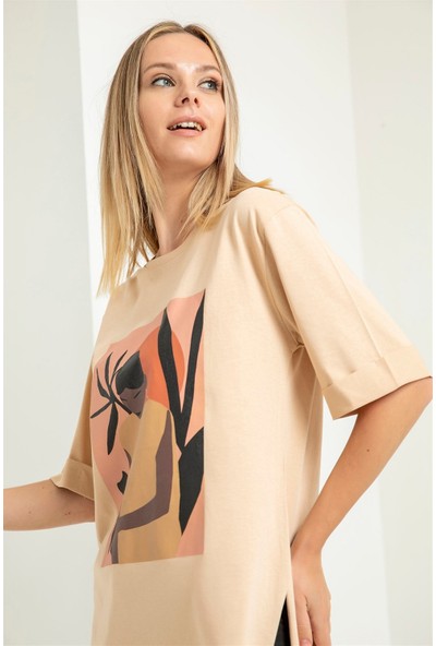 Moostrend Önü Baskılı Oversize Kadın Tişört