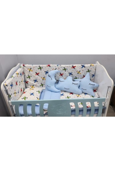 Bebek Özel 60 x 120 cm Bebek Uyku Seti Mavi/uçak Desenli Mavi Süs Yastıklı