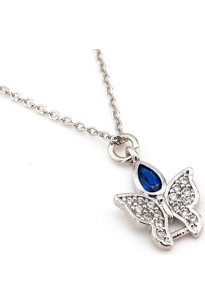 Solfera Mavi Zirkon Taşlı Kelebek Damla Taş Kadın Kolye Q0352