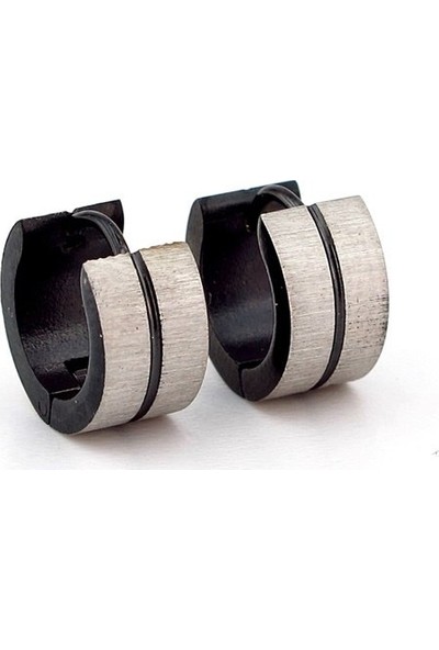 Solfera Siyah Çizgili Gri Renk Kalın Halka Çelik Erkek Küpe E903