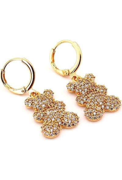 Solfera Zirkon Taşlı Ayıcık Altın Rengi Sallantılı Kadın Küpe EX050