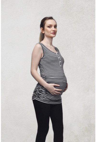 Merliyn Gri Siyah Çizgili Düğmeli Hamile Atlet Mr-03