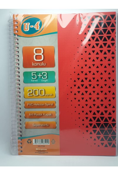 U4 5+3 Bölümlü 200 Yaprak A4 Sipralli Ayraçlı Defter 5 Kareli 3 Çizgili Çoklu Defter
