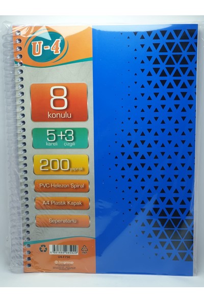 U4 5+3 Bölümlü 200 Yaprak A4 Sipralli Ayraçlı Defter 5 Kareli 3 Çizgili Çoklu Defter U4 5+3 Bölümlü 200 Yaprak A4 Sipralli Ayraçlı Defter 5 Kareli 3 Çizgili Çoklu Defter