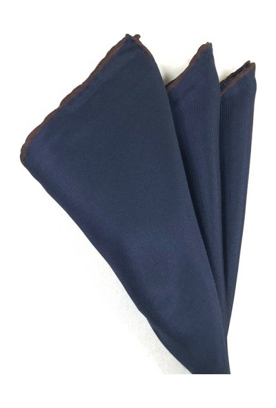 Sade Kravat Kahve Kenarlı Düz Lacivert Ipek Mendil M1191