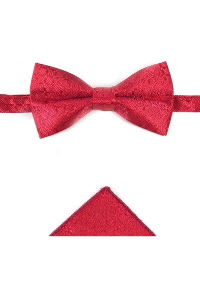 Sade Kravat Kırmızı Şal Desenli Mendilli Papyon P244