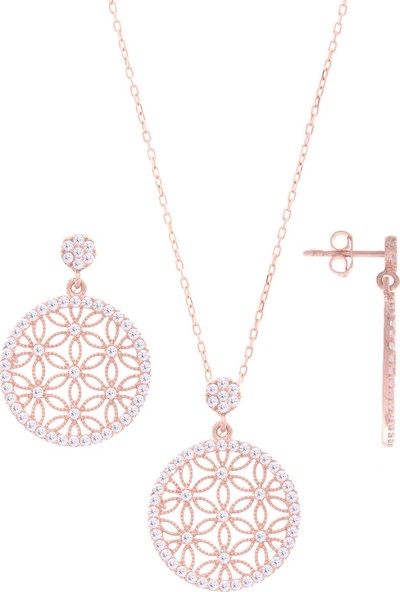 Hiç Gümüş Zirkon Taşlı Yaşam Çiçeği 925 Ayar Gümüş Küpe Kolye Takım