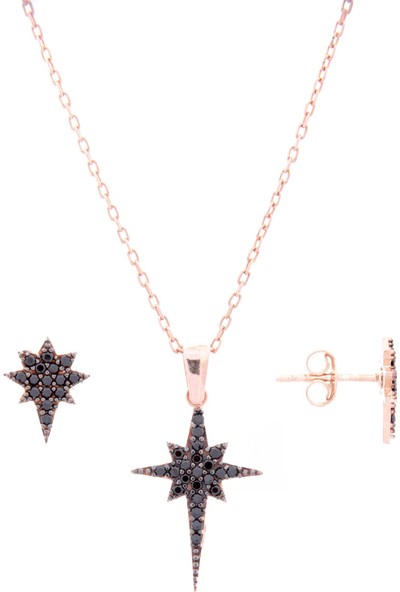 Hiç Gümüş Zirkon Taşlı 925 Ayar Gümüş Kutup Yıldızlı Rose Küpe Kolye Takım