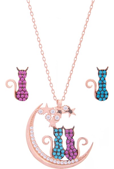 Hiç Gümüş Kedili Zirkon Taşlı 925 Ayar Gümüş Küpe Kolye Takım