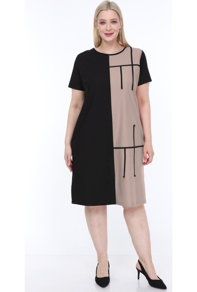 Lir Kadın Büyük Beden Yarım Kol Elbise Vizon L1621 Lir Kadın Büyük Beden Yarım Kol Elbise Vizon L1621