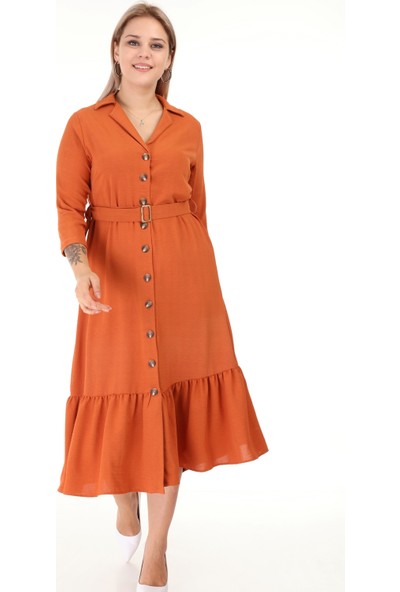 Lir Kadın Büyük Beden Eteği Büzgü Önü Düğmeli Kemerli Truvakar Kol Elbise Orange 1626 Lir Kadın Büyük Beden Eteği Büzgü Önü Düğmeli Kemerli Truvakar Kol Elbise Orange 1626