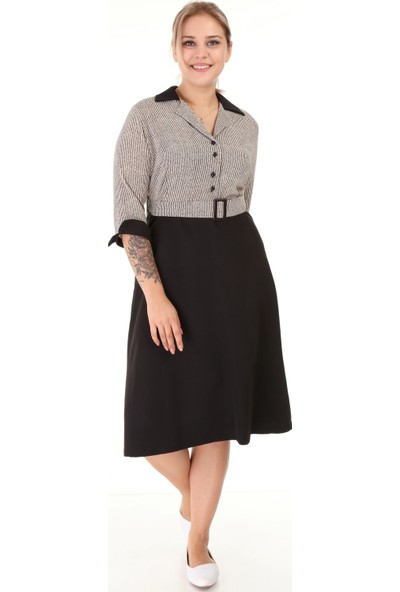 Lir Kadın Büyük Beden Kemerli Truvakar Kol Ofis Elbise Siyah 1627