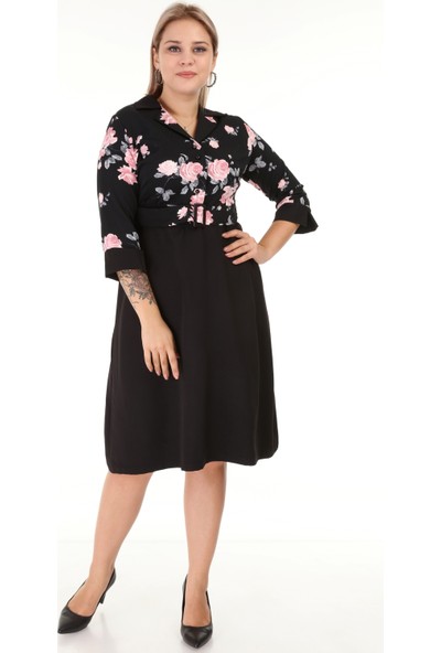 Lir Kadın Büyük Beden Kemerli Truvakar Kol Ofis Elbise Siyah 1630 Lir Kadın Büyük Beden Kemerli Truvakar Kol Ofis Elbise Siyah 1630