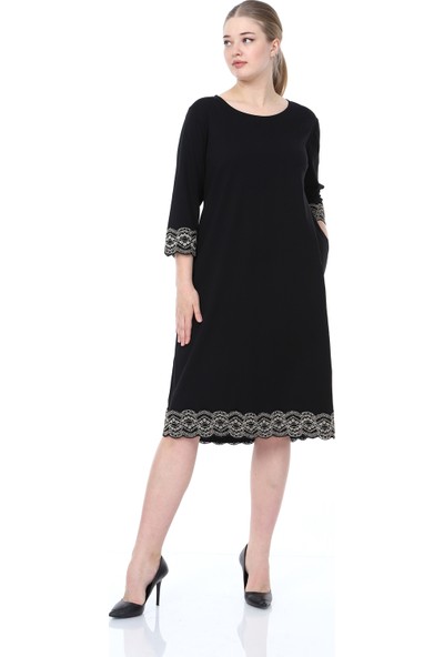 Lir Kadın Büyük Beden Truvakar Kol Etek Ucu Dantel Detay Elbise Siyah L1608
