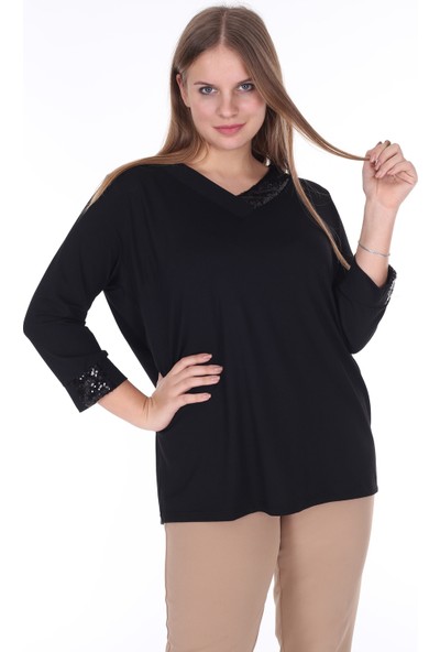 Piano Luce Lir Kadın Büyük Beden Uzun Kol V Yaka Payet Detay Bluz Siyah L2316 Piano Luce Lir Kadın Büyük Beden Uzun Kol V Yaka Payet Detay Bluz Siyah L2316