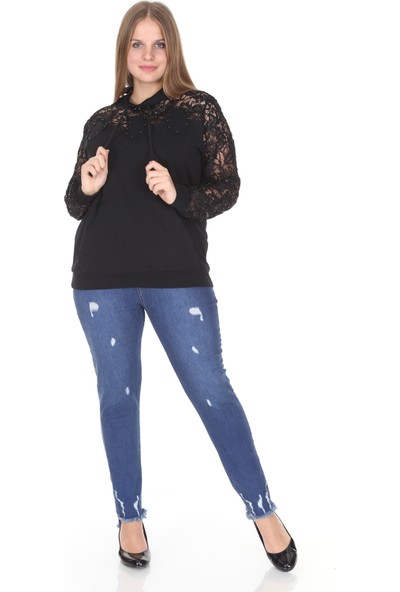 Piano Luce Lir Kadın Uzun Kol Dantel Detay Kapşonlu Sweatshirt Siyah L2317 Piano Luce Lir Kadın Uzun Kol Dantel Detay Kapşonlu Sweatshirt Siyah L2317