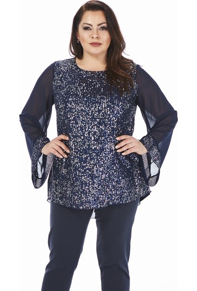 Lilas Xxl Büyük Beden Lacivert Renkli Payetli Şifon Bluz Lilas Xxl Büyük Beden Lacivert Renkli Payetli Şifon Bluz