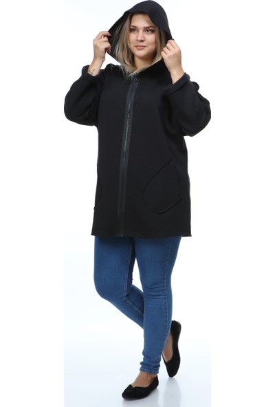 Lilas Xxl Büyük Beden Siyah Renkli Kapşonlu Spor Ceket