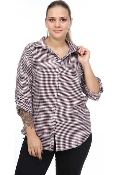 Lilas Xxl Büyük Beden Bordo Renkli Kazayağı Desenli Gömlek Lilas Xxl Büyük Beden Bordo Renkli Kazayağı Desenli Gömlek