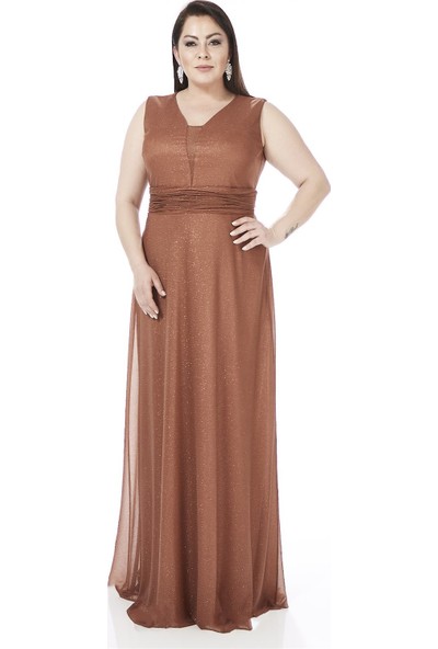 Lilas Xxl Büyük Beden Kolsuz Tarçın Renkli Simli Tül Uzun Abiye Elbise Lilas Xxl Büyük Beden Kolsuz Tarçın Renkli Simli Tül Uzun Abiye Elbise