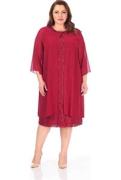 Lilas Xxl Büyük Beden Vişne Renkli Dantelli Dantelli Şifon Ceketli Elbise Lilas Xxl Büyük Beden Vişne Renkli Dantelli Dantelli Şifon Ceketli Elbise