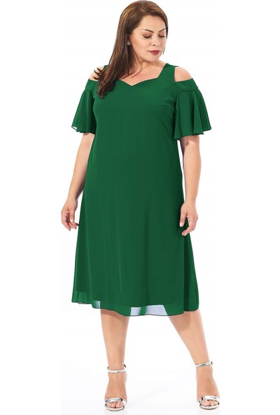 Lilas Xxl Büyük Beden Koyu Yeşil Renkli Omuz Detaylı Şifon Elbise Lilas Xxl Büyük Beden Koyu Yeşil Renkli Omuz Detaylı Şifon Elbise