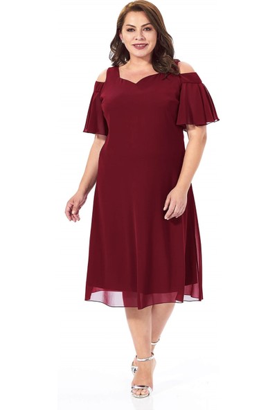 Lilas Xxl Büyük Beden Bordo Renkli Omuz Detaylı Şifon Elbise Lilas Xxl Büyük Beden Bordo Renkli Omuz Detaylı Şifon Elbise