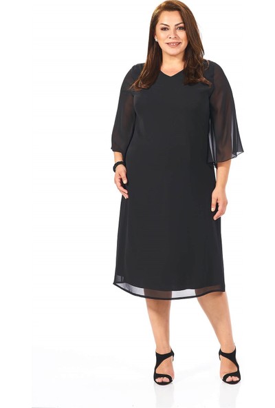 Lilas Xxl Büyük Beden Siyah Renkli Şifon Elbise