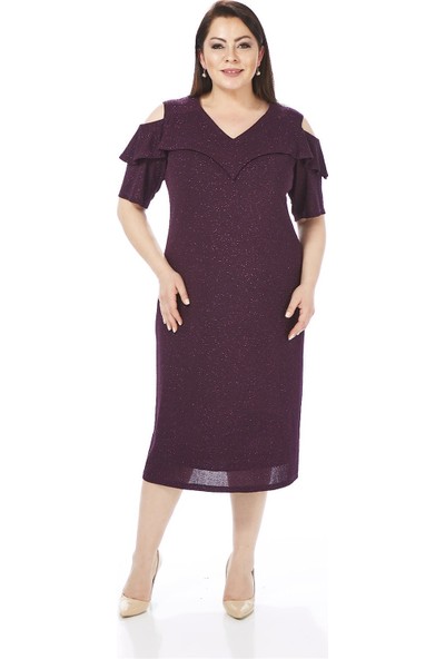 Lilas Xxl Büyük Beden Mürdüm Renkli Omuz Detaylı Likralı Elbise Lilas Xxl Büyük Beden Mürdüm Renkli Omuz Detaylı Likralı Elbise