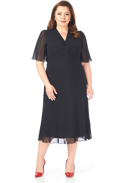 Lilas Xxl Büyük Beden Siyah Renkli Pileli Yaka Kısa Şifon Elbise