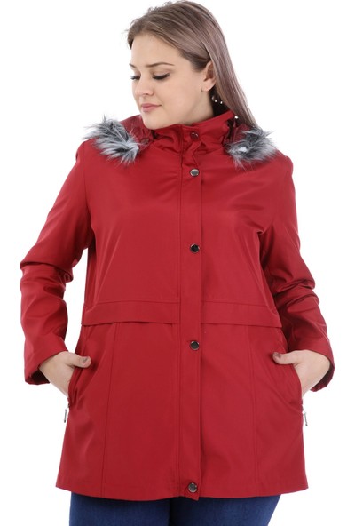 Lilas Xxl Büyük Beden Kırmızı Renkli Kapşonlu Tüylü Bonding Kaban Lilas Xxl Büyük Beden Kırmızı Renkli Kapşonlu Tüylü Bonding Kaban
