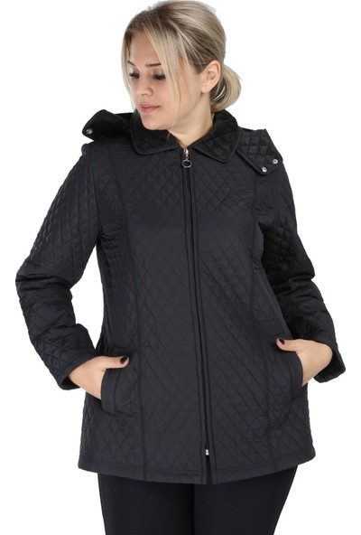 Lilas Xxl Büyük Beden Siyah Renkli Kapşonlu Kısa Kapitone Mont