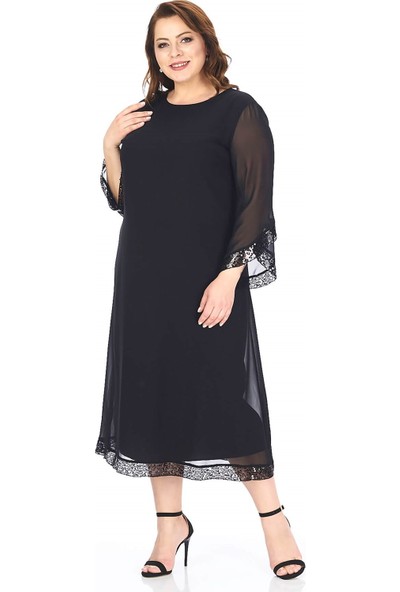 Lilas Xxl Büyük Beden Siyah Renkli Kısa Şifon Elbise