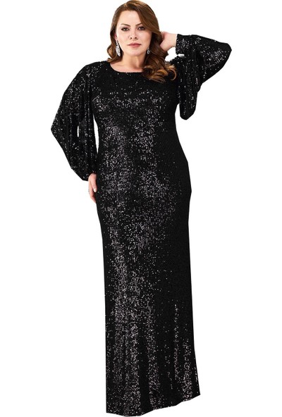 Lilas Xxl Büyük Beden Siyah Renkli Likralı Payetli Uzun Abiye Elbise