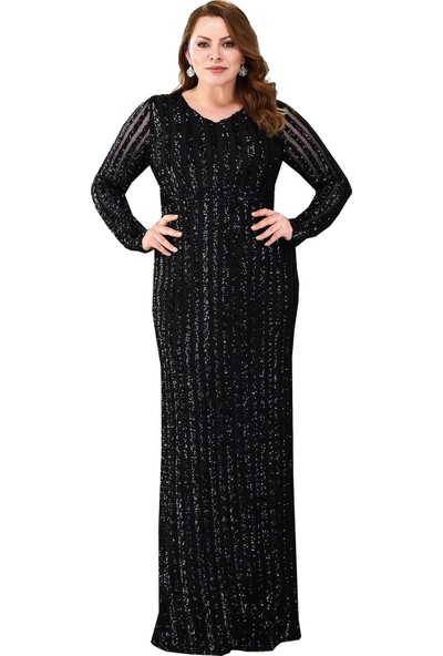 Lilas Xxl Büyük Beden Siyah Renkli Payetli Likralı Uzun Abiye