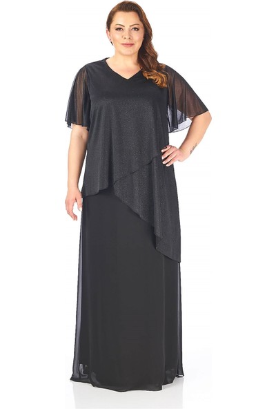 Lilas Xxl Büyük Beden Siyah Renkli Simli Asimetrik Şifon Elbise Lilas Xxl Büyük Beden Siyah Renkli Simli Asimetrik Şifon Elbise