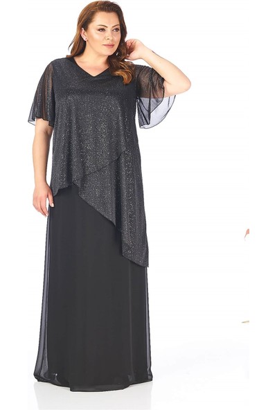 Lilas Xxl Büyük Beden Siyah Renkli Gümüş Simli Asimetrik Şifon Elbise Lilas Xxl Büyük Beden Siyah Renkli Gümüş Simli Asimetrik Şifon Elbise