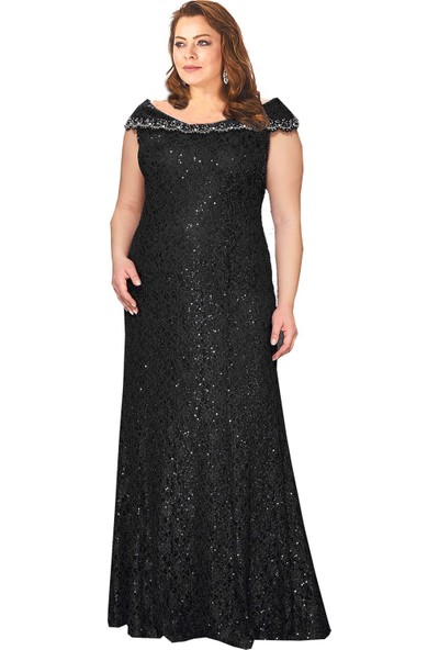 Lilas Xxl Büyük Beden Siyah Renkli Dantelbüyük Beden Abiye Elbise