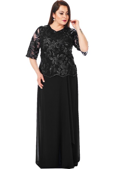 Lilas Xxl Büyük Beden Siyah Renkli Kısa Kollu Uzun Abiye Elbise