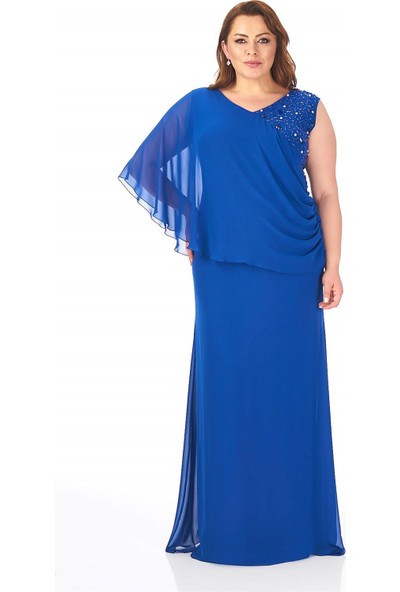 Büyük Beden Sax Renkli Şifon Elbise