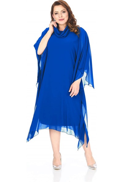 Lilas Xxl Büyük Beden Saks Mavisi Renkli Degaje Yaka Şifon Elbise Lilas Xxl Büyük Beden Saks Mavisi Renkli Degaje Yaka Şifon Elbise