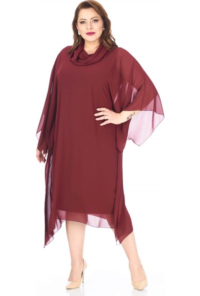 Lilas Xxl Büyük Beden Bordo Renkli Degaje Yaka Şifon Elbise Lilas Xxl Büyük Beden Bordo Renkli Degaje Yaka Şifon Elbise